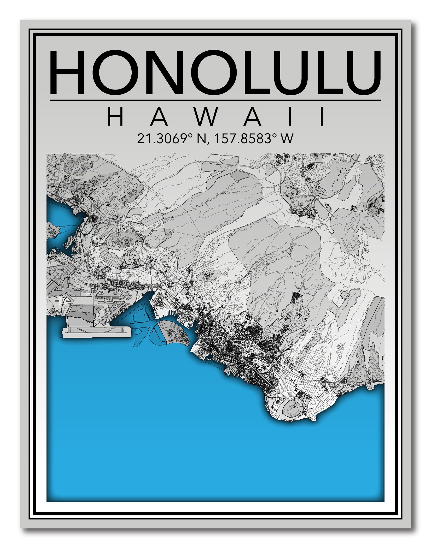 Wall Art Map Honolulu Hawaii | Etsy