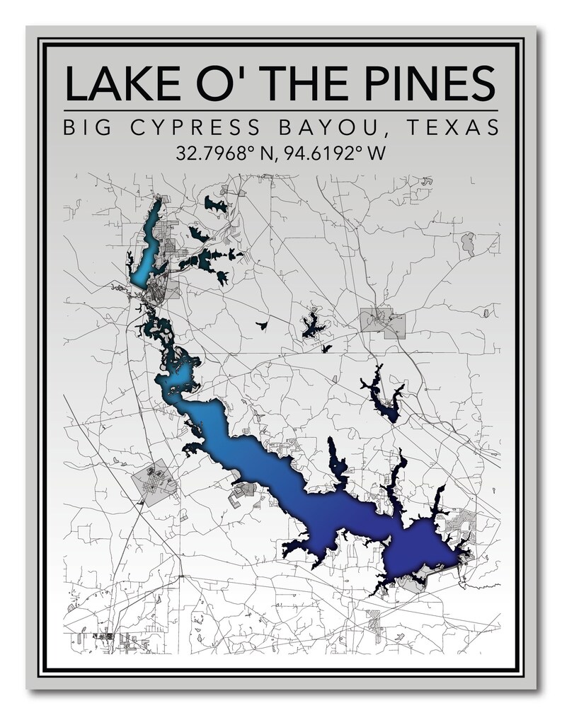 Wall Art Map Print of Lake O' the Pines, Texas! - Etsy