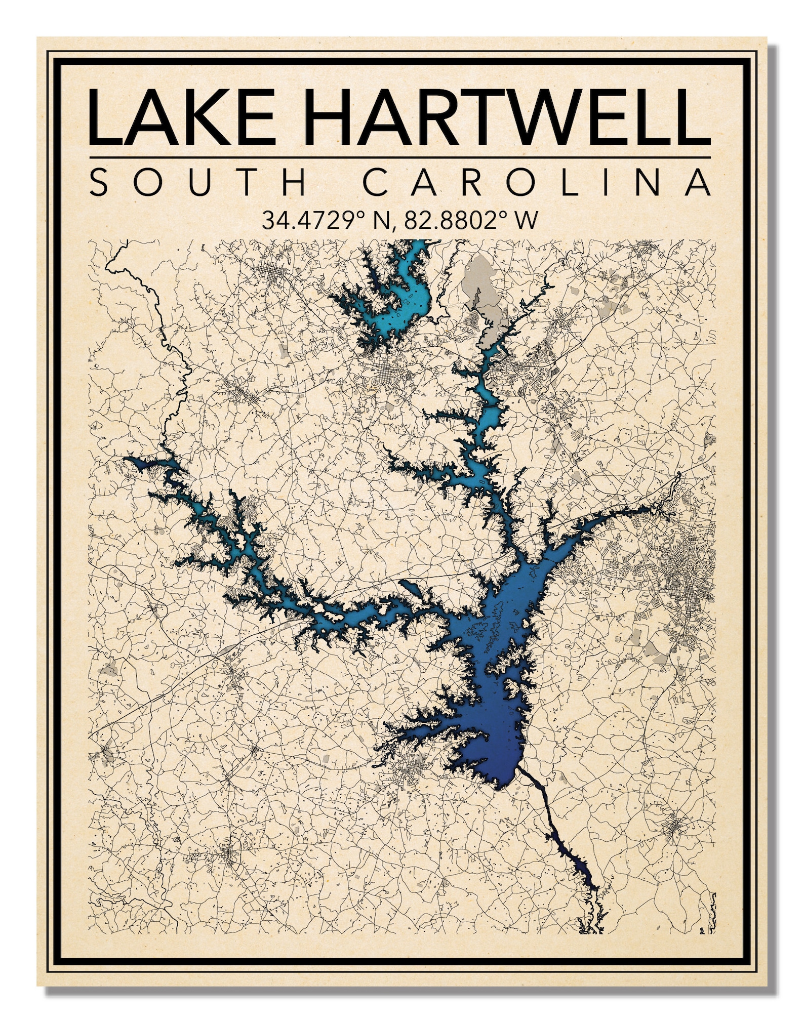 Wall Art Map Print of Lake Hartwell South Carolina - Etsy UK