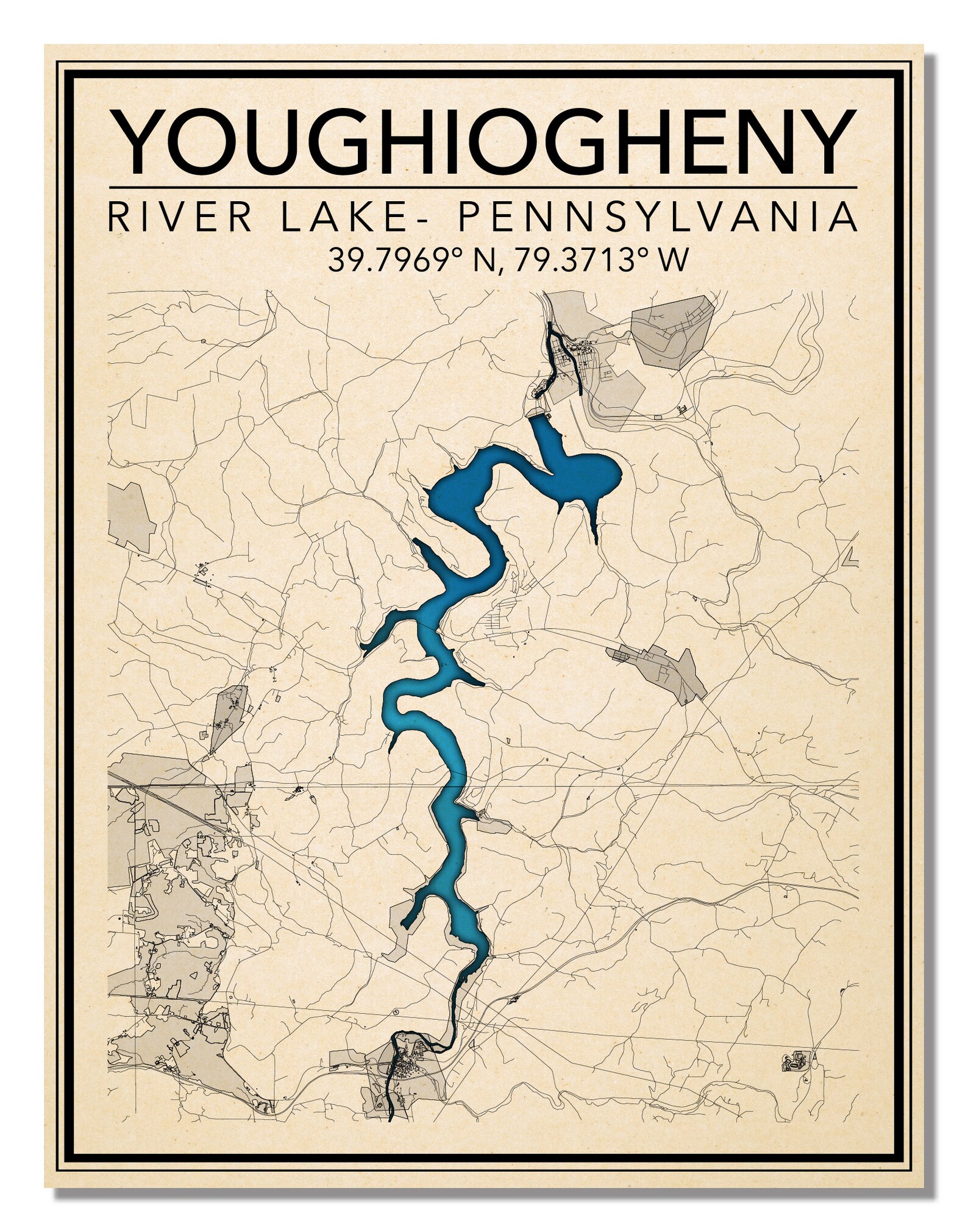 Wall Art Map Print of Youghiogheny River Lake Pennsylvania - Etsy