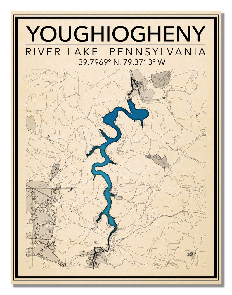 Wall Art Map Print of Youghiogheny River Lake, Pennsylvania! - Etsy