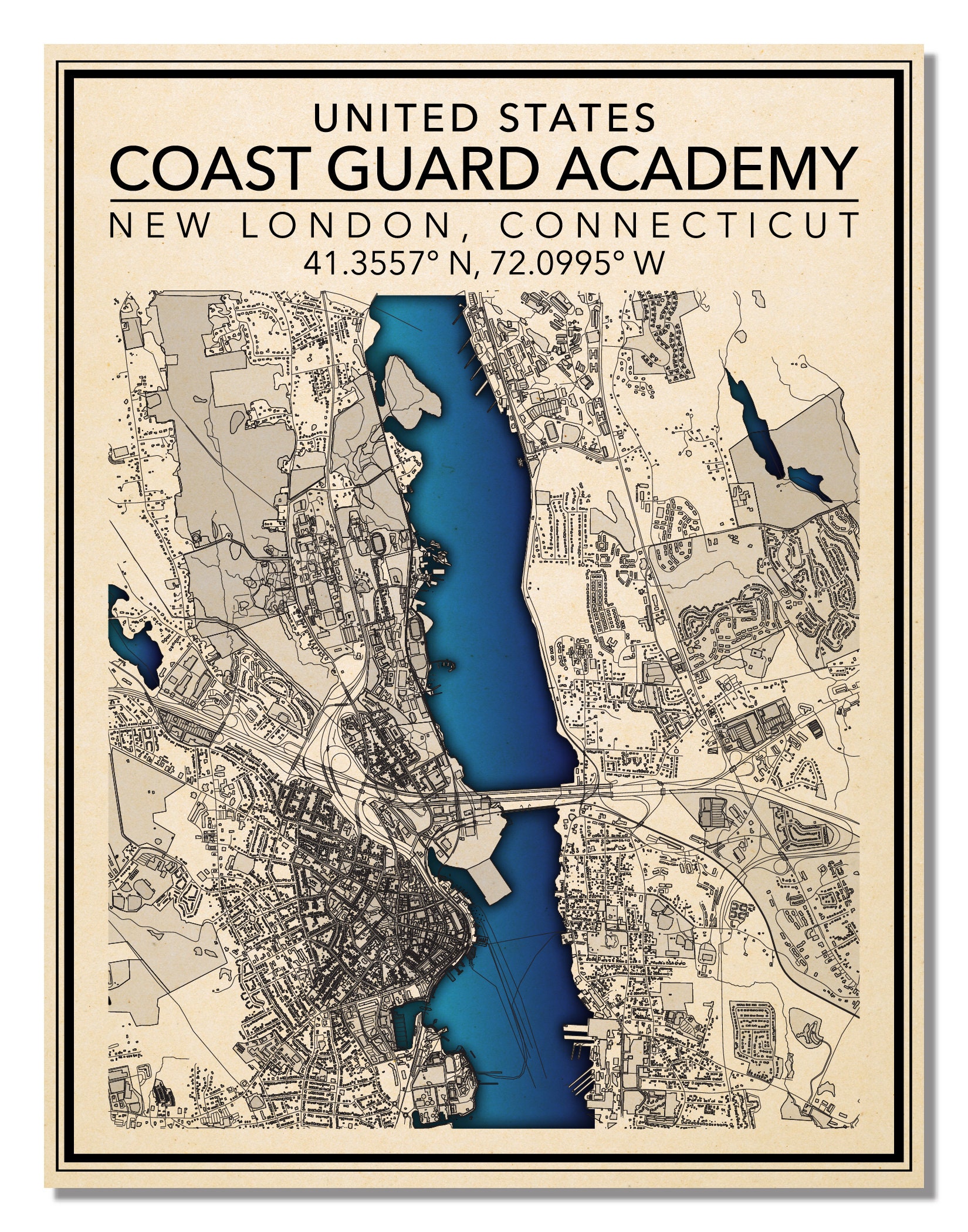 Wall Art Map Print of US Coast Guard Academy, New London, Connecticut ...
