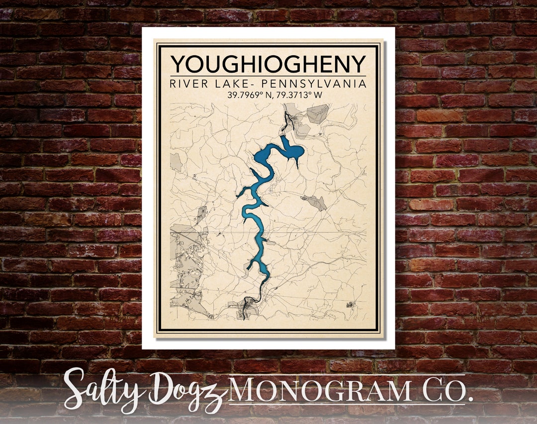 Wall Art Map Print of Youghiogheny River Lake, Pennsylvania! - Etsy