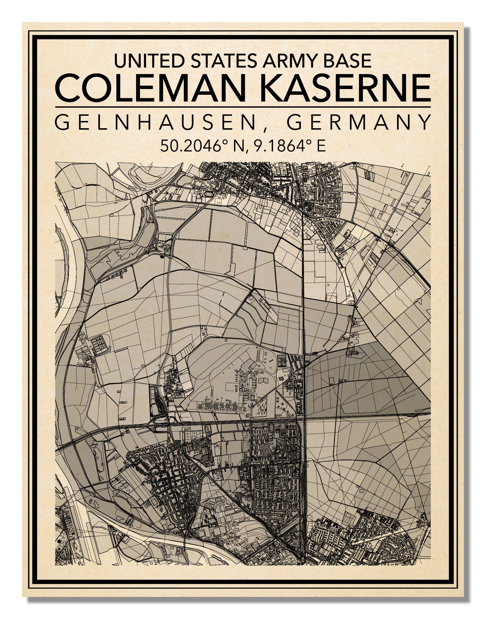 Wall Art Map Print of United States Army Base Coleman Kaserne- Germany ...