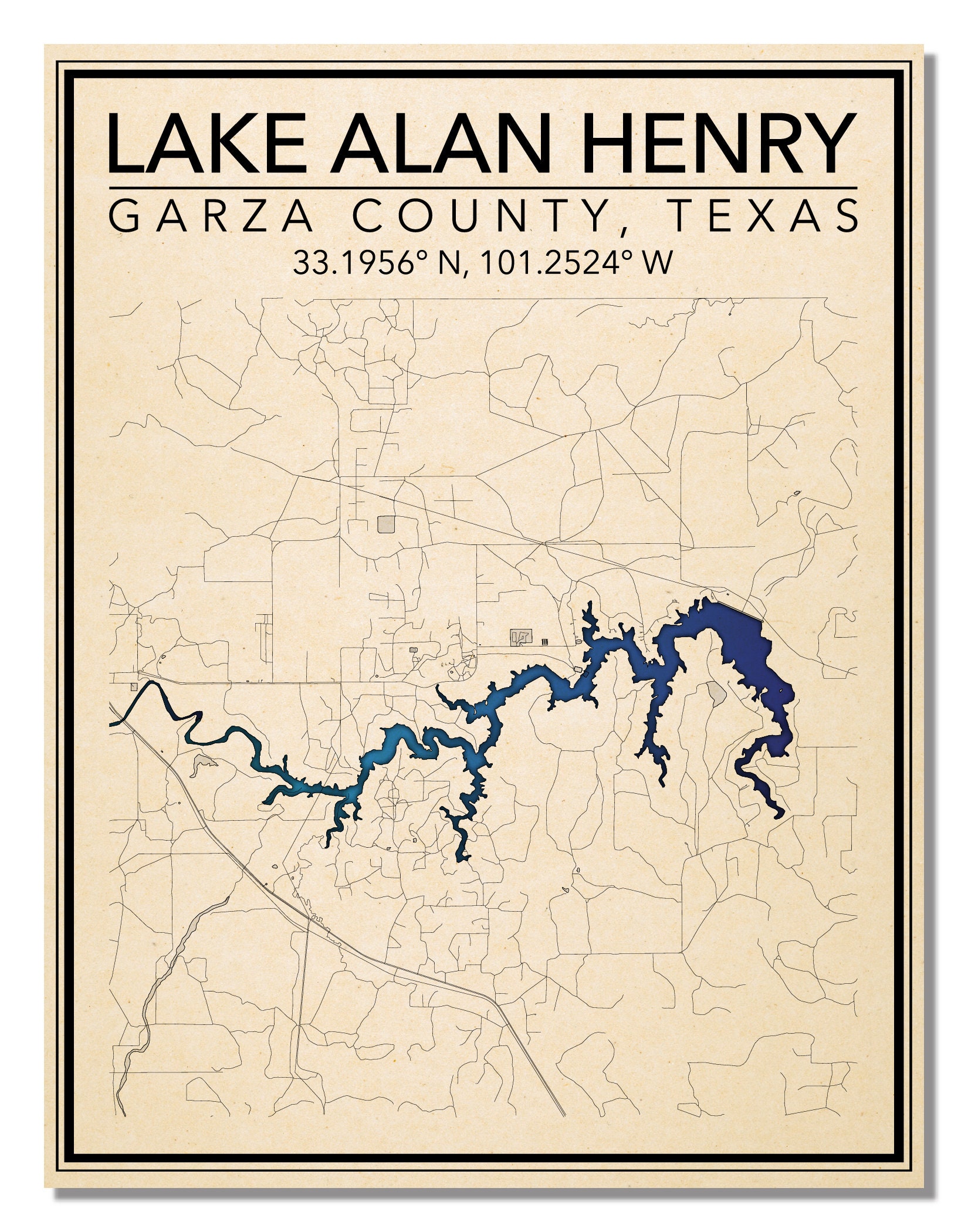 Wall Art Map Print of Lake Alan Henry Garza County Texas - Etsy