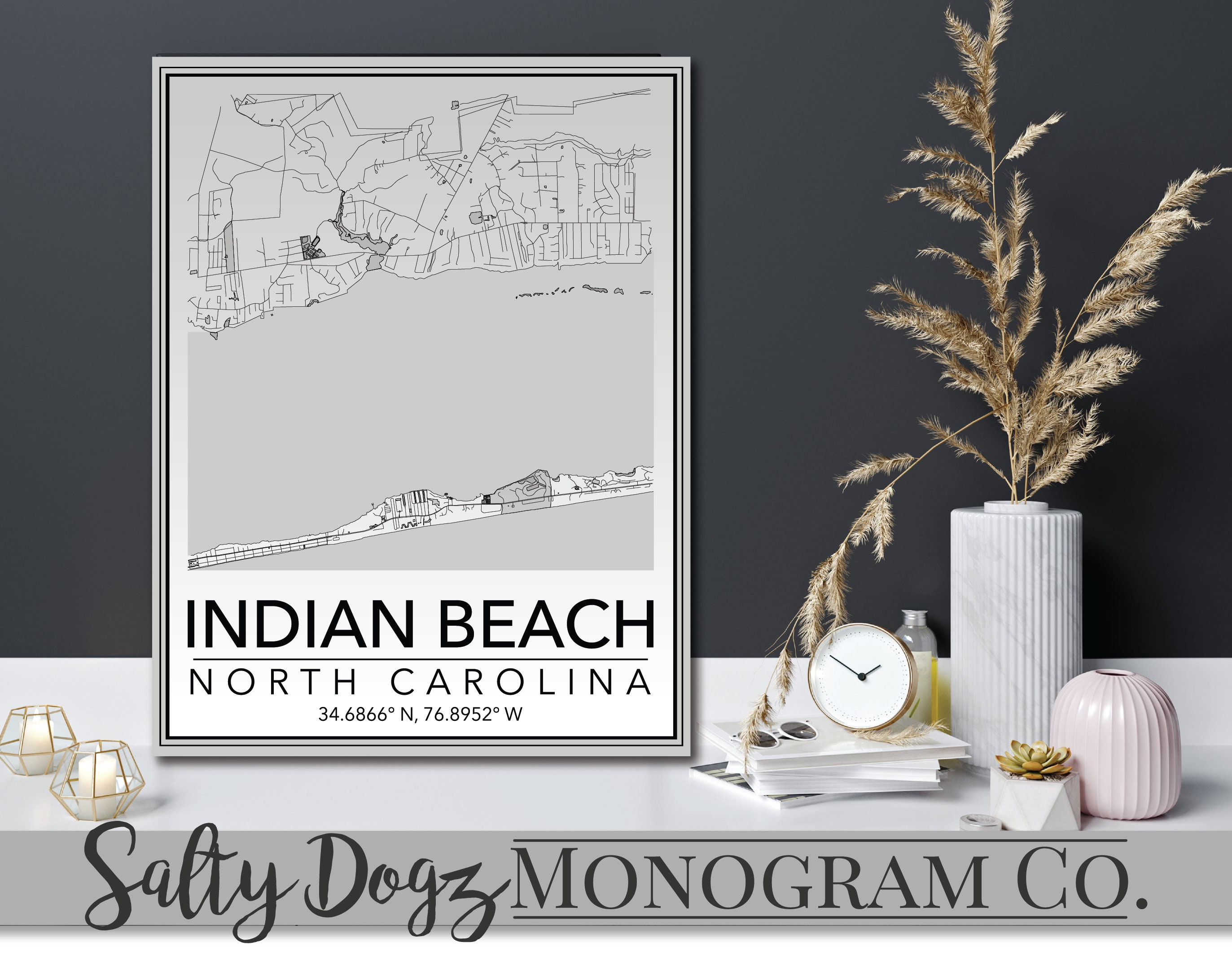 Wall Art Map Print Indian Beach, NC - Etsy