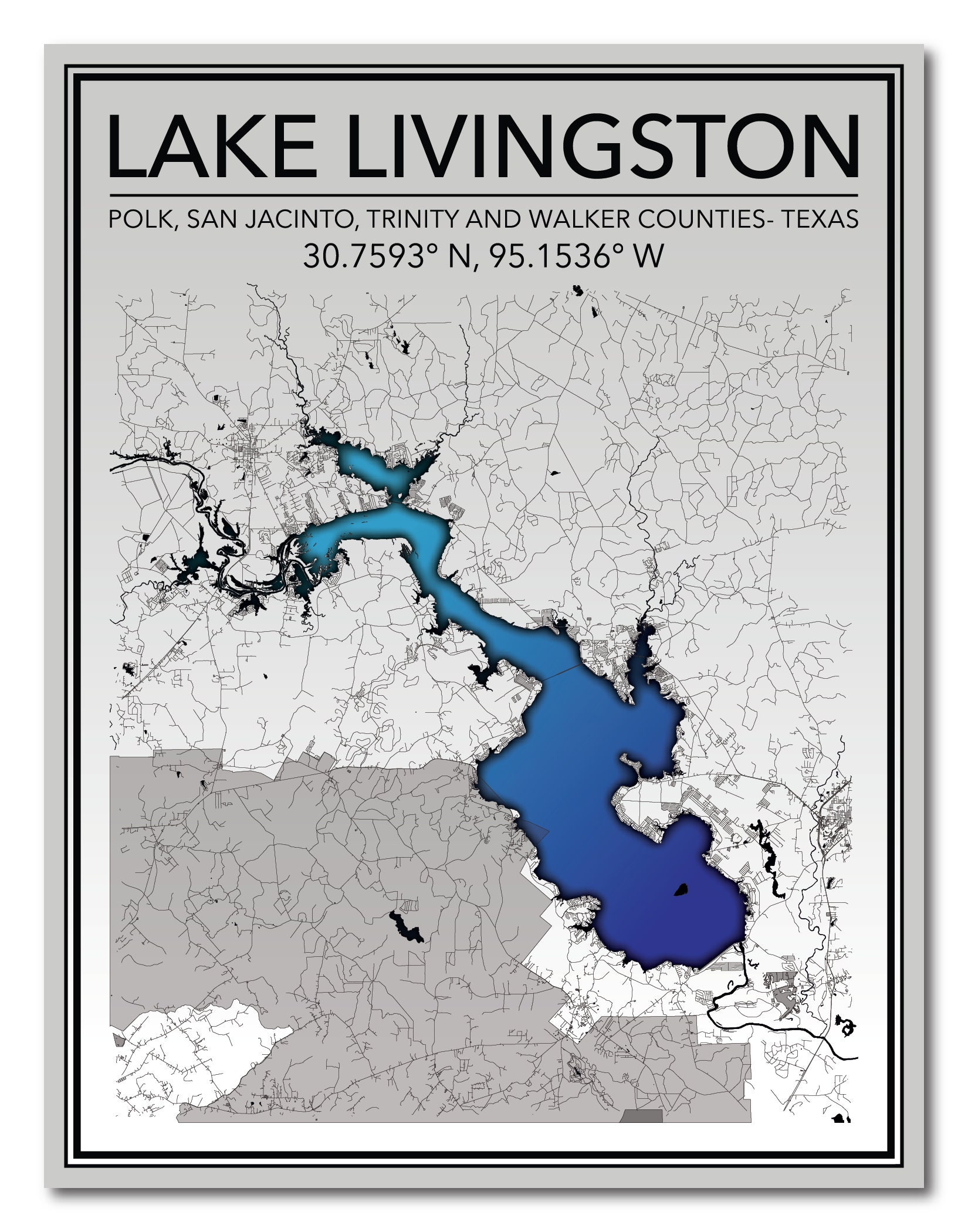 Wall Art Map Print of Lake Livingston Texas Estados Unidos | Etsy