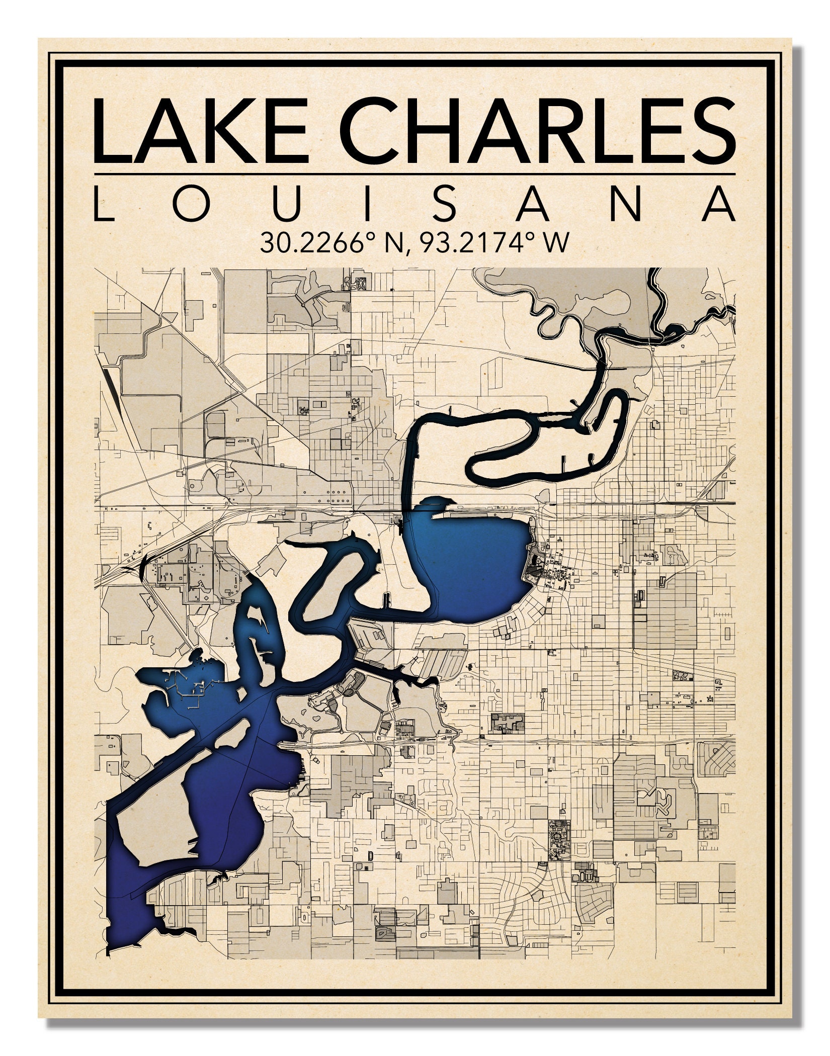 Wall Art Map Print of Lake Charles Louisiana | Etsy