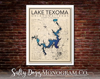 Lake Texoma Texas Printable Map, Lake Texoma Wall Art, Lake Map Art ...