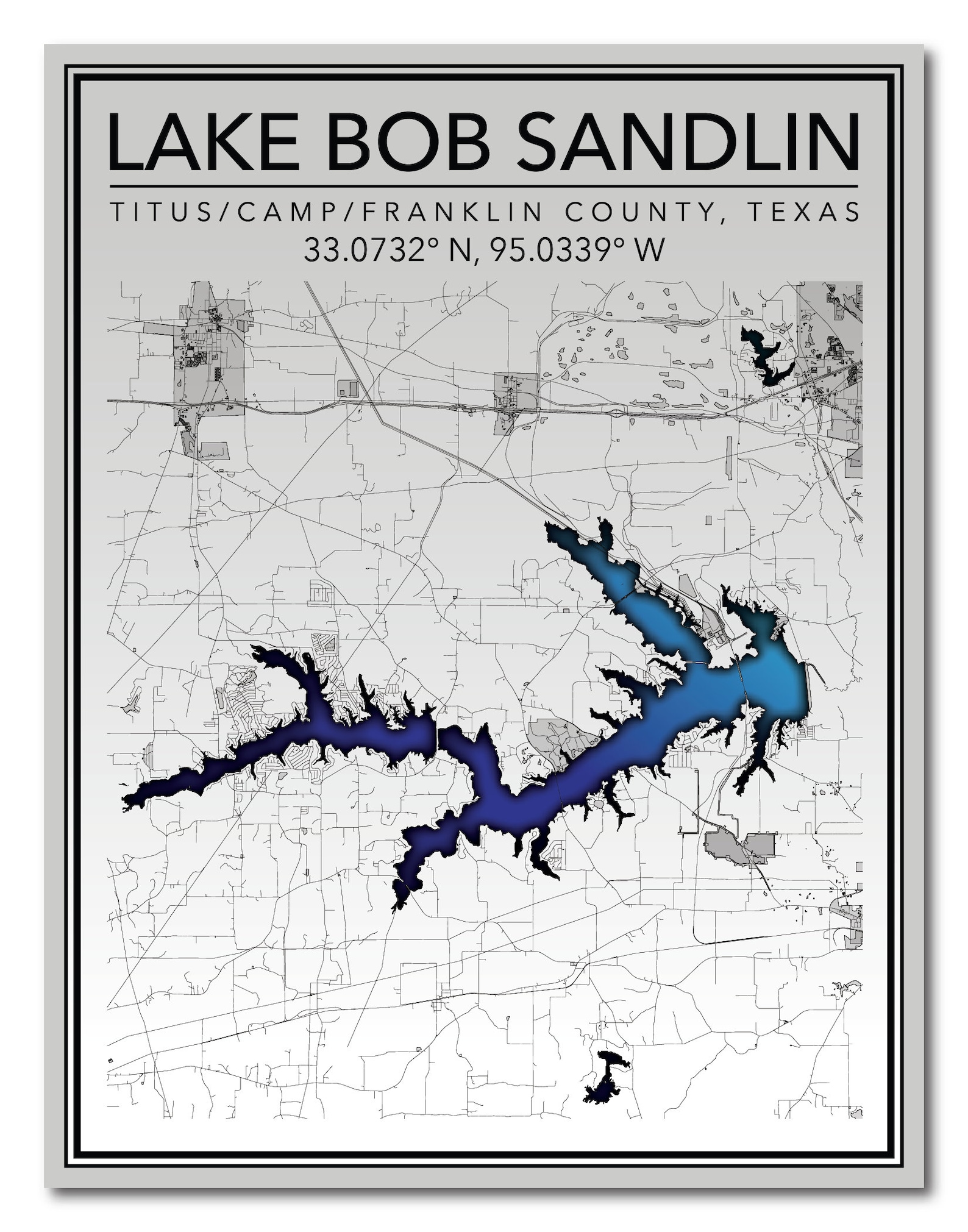 Wall Art Map Print of Lake Bob Sandlin, Rocky Mound, Camp County, Texas ...