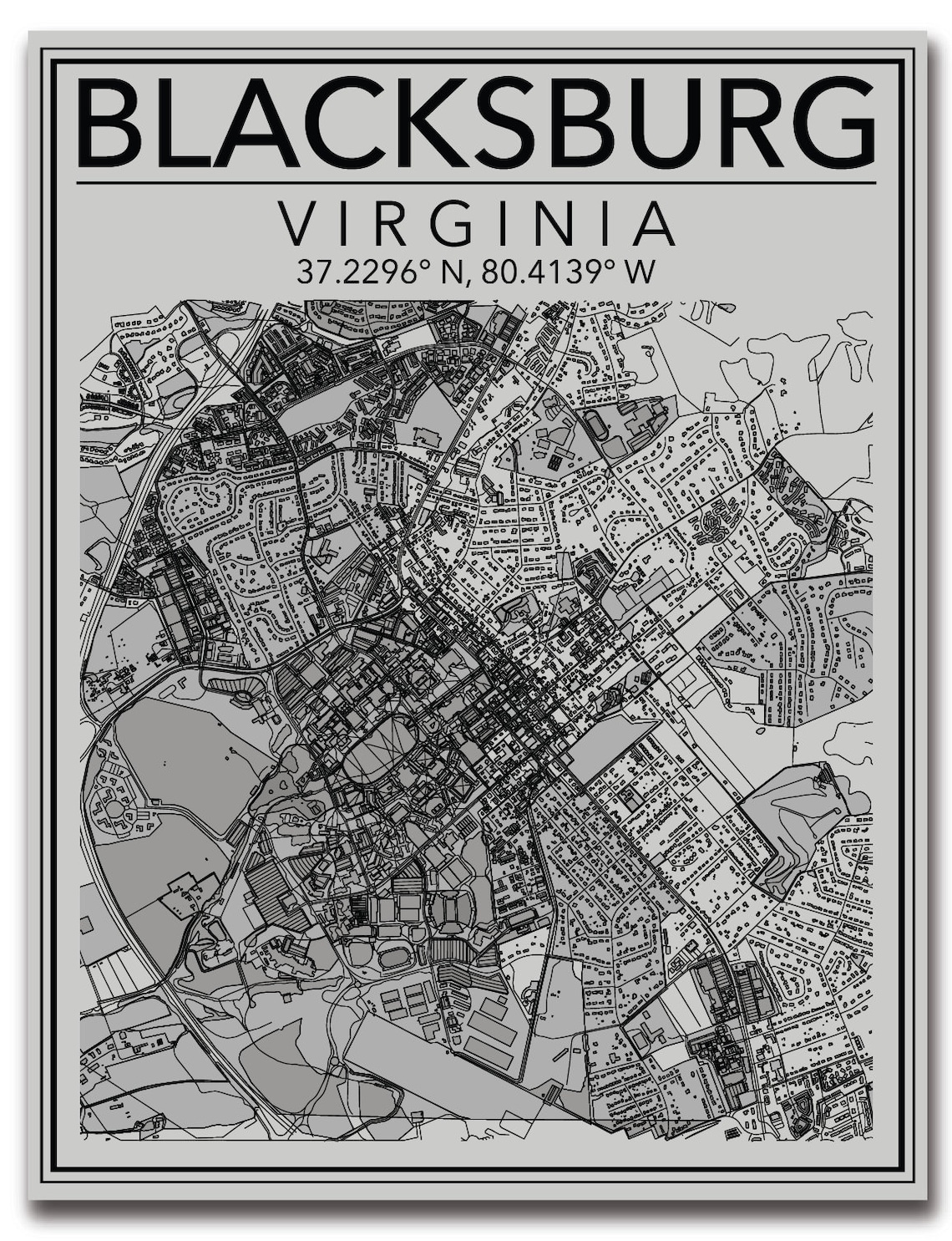 Wall Art Map Print Blacksburg Virginia | Etsy
