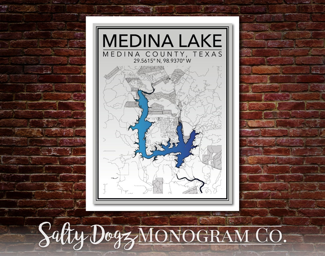 Wall Art Map Print of Medina Lake, Lakehills, Bandera County, Texas ...