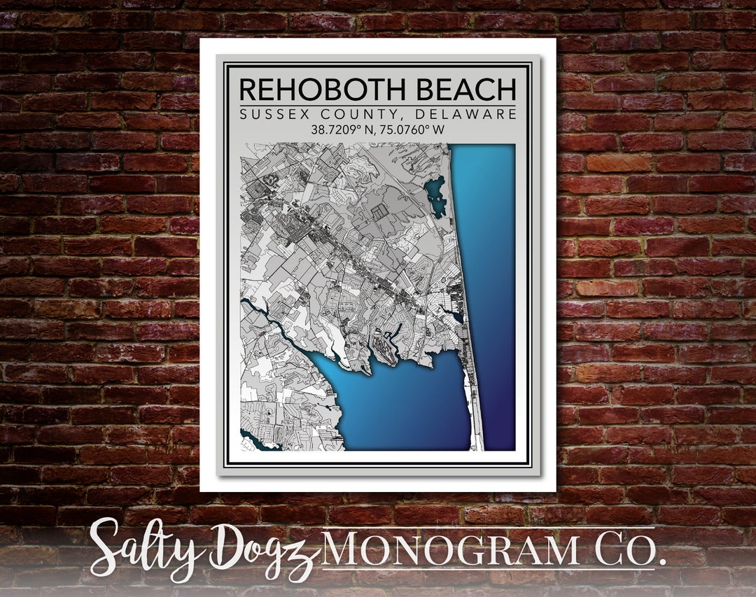 Wall Art Map Print of Rehoboth Beach, Sussex County, Delaware, United ...