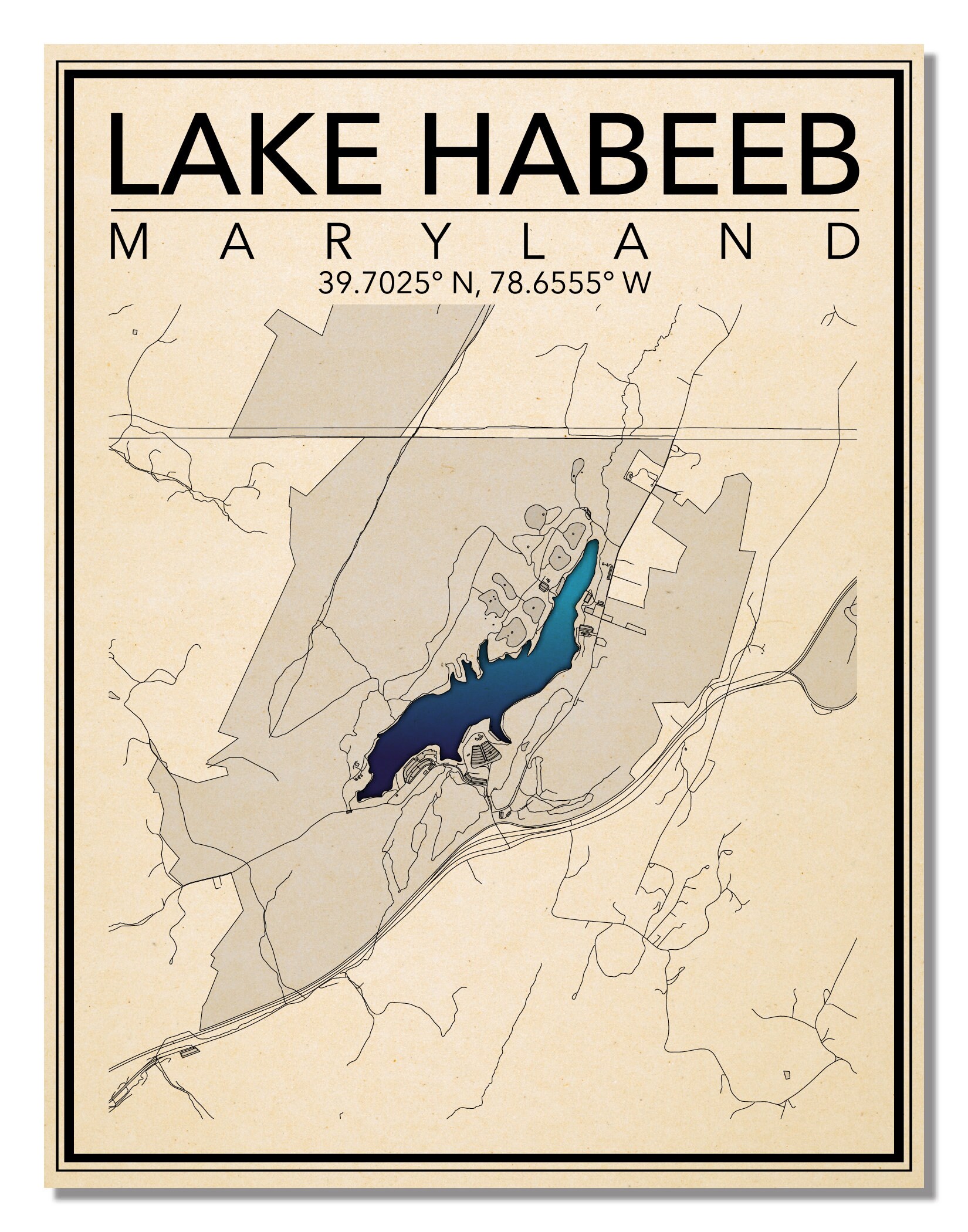 Wall Art Map Print of Lake Habeeb Reservoir Maryland | Etsy
