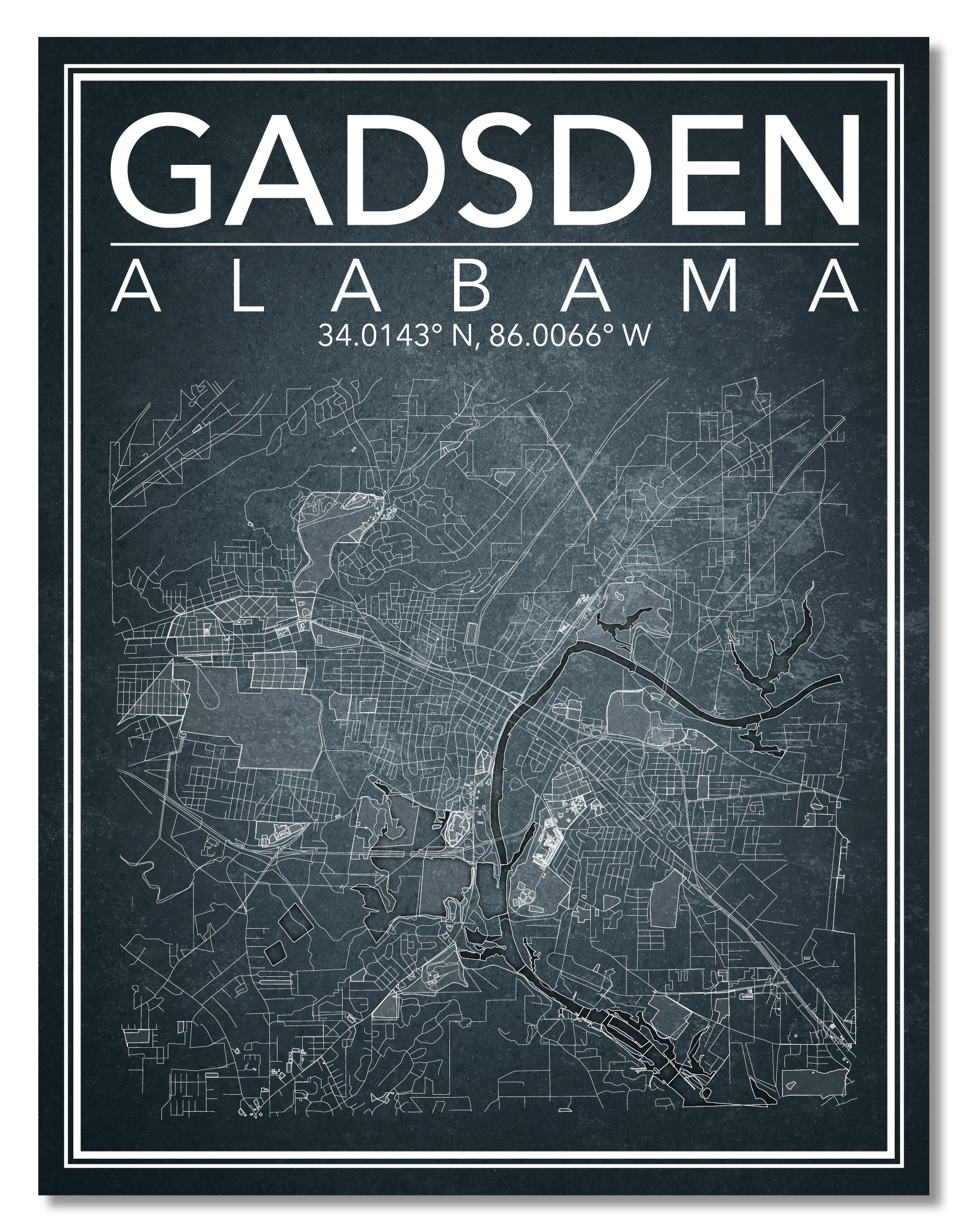 Wall Art Map Print of Gadsden Alabama | Etsy