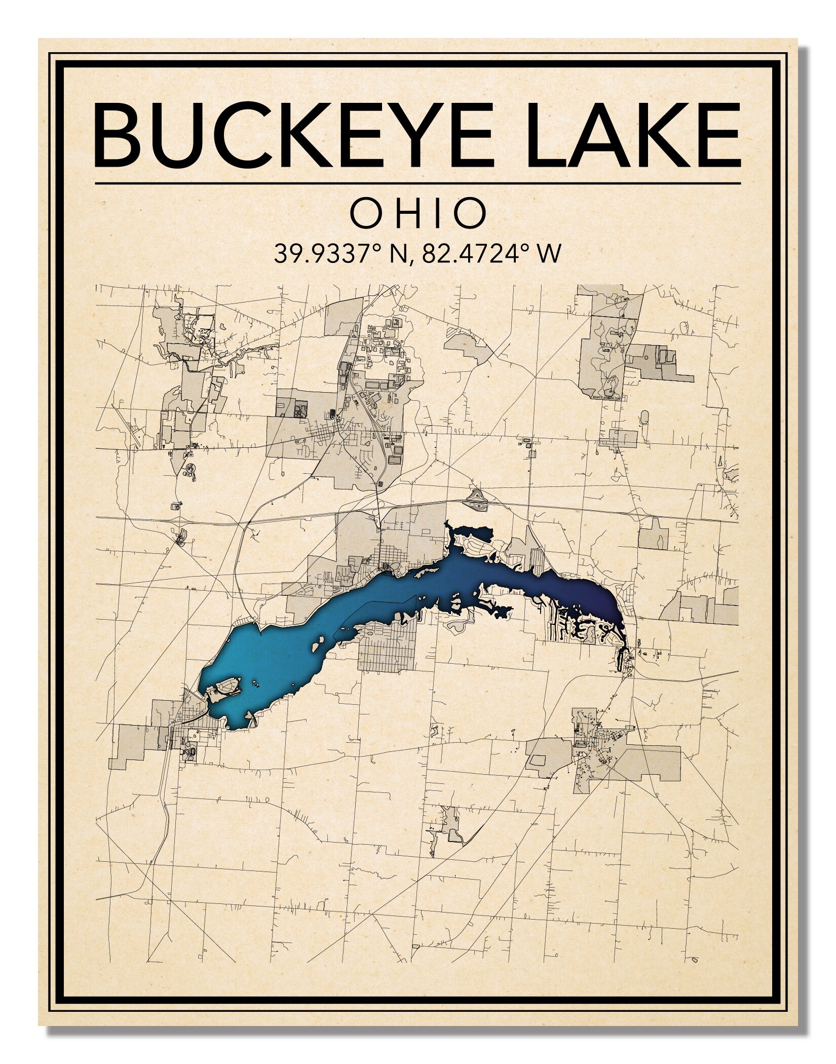 Wall Art Map Print of Buckeye Lake Ohio | Etsy
