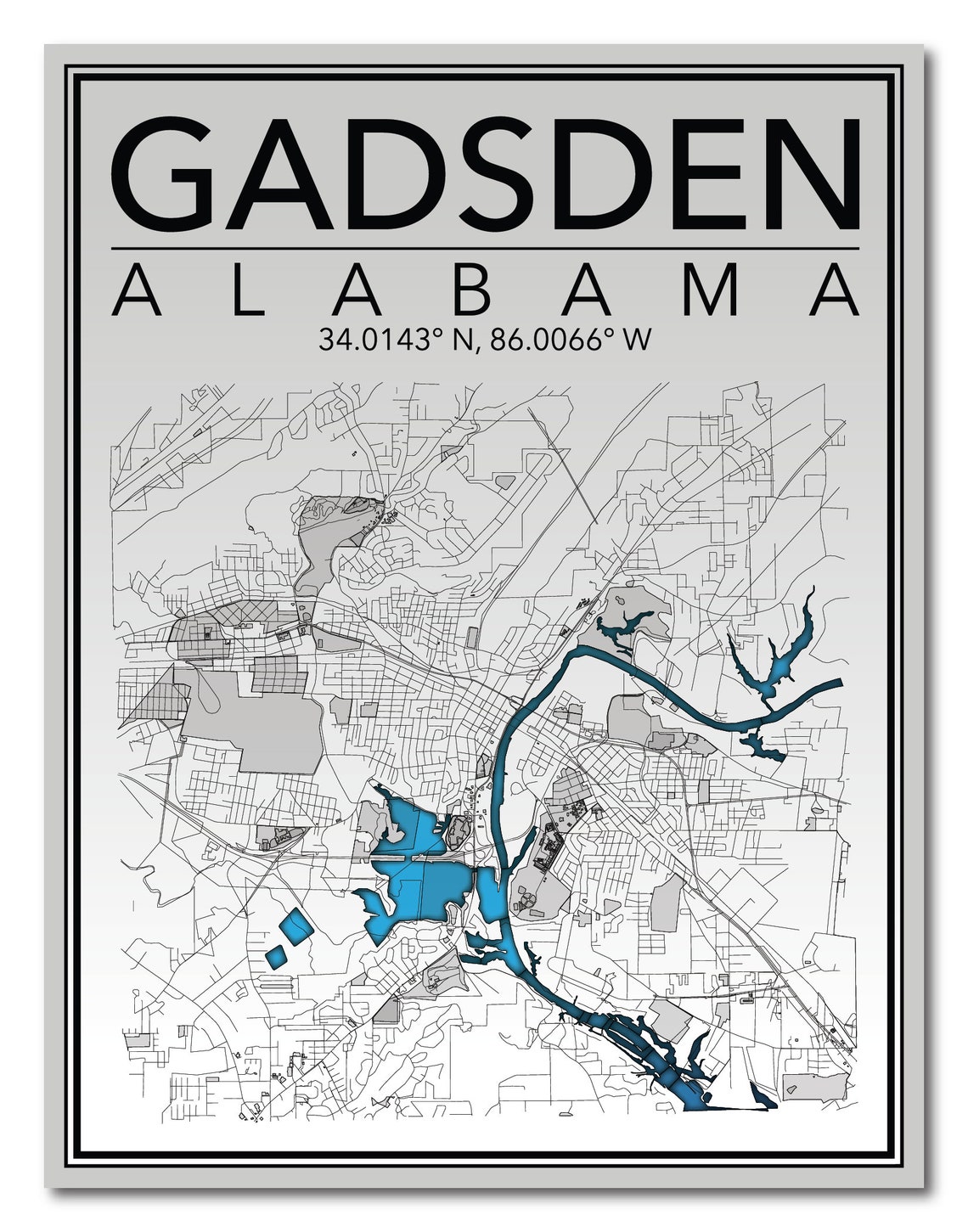 Wall Art Map Print of Gadsden Alabama | Etsy
