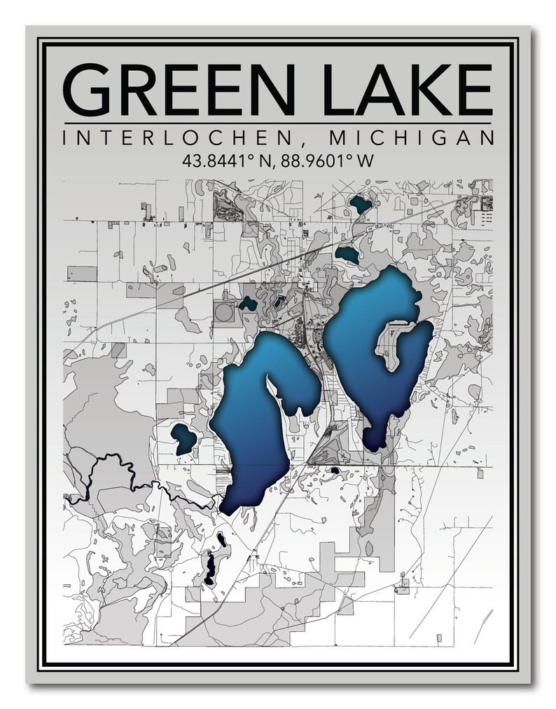 Wall Art Map Print of Green Lake, Interlochen, Michigan!!! - Etsy