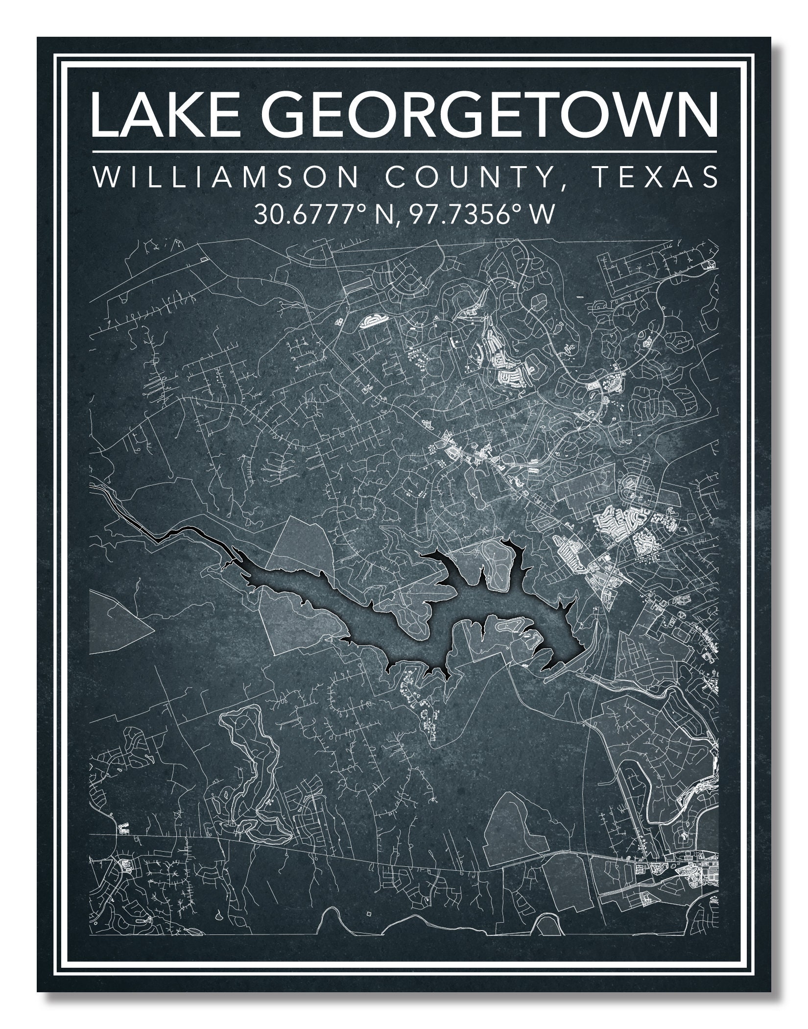 Wall Art Map Print of Lake Georgetown, Georgetown, Williamson County ...