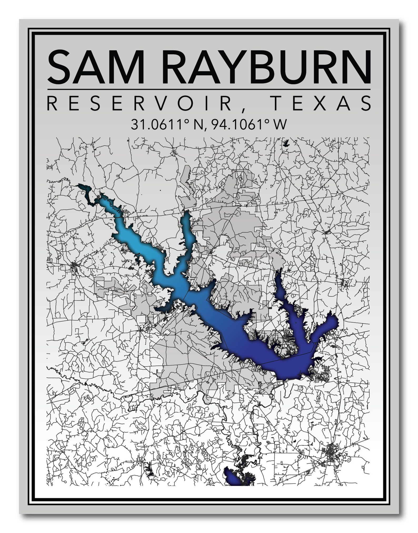 Wall Art Map Print of Sam Rayburn Reservoir, Texas! - Etsy
