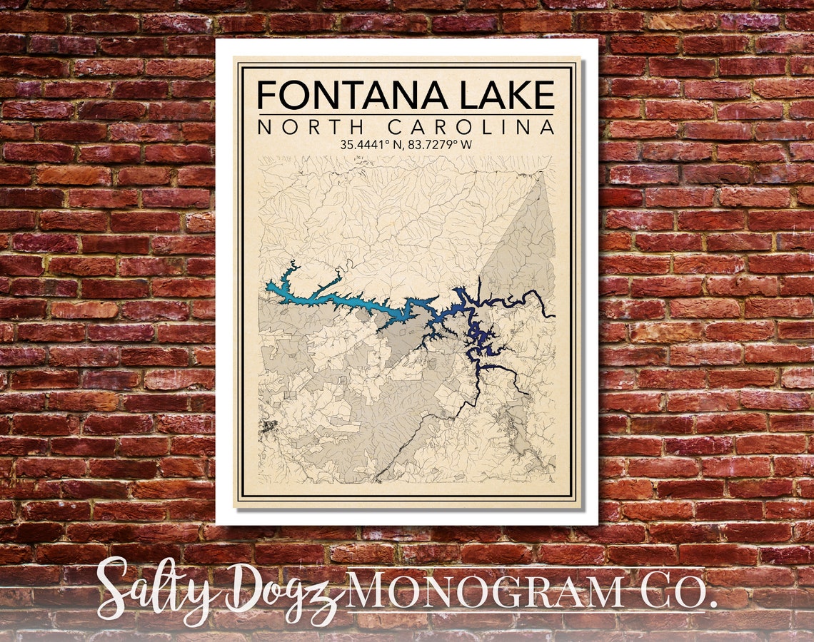 Wall Art Map Print of Lake Fontana North Carolina - Etsy
