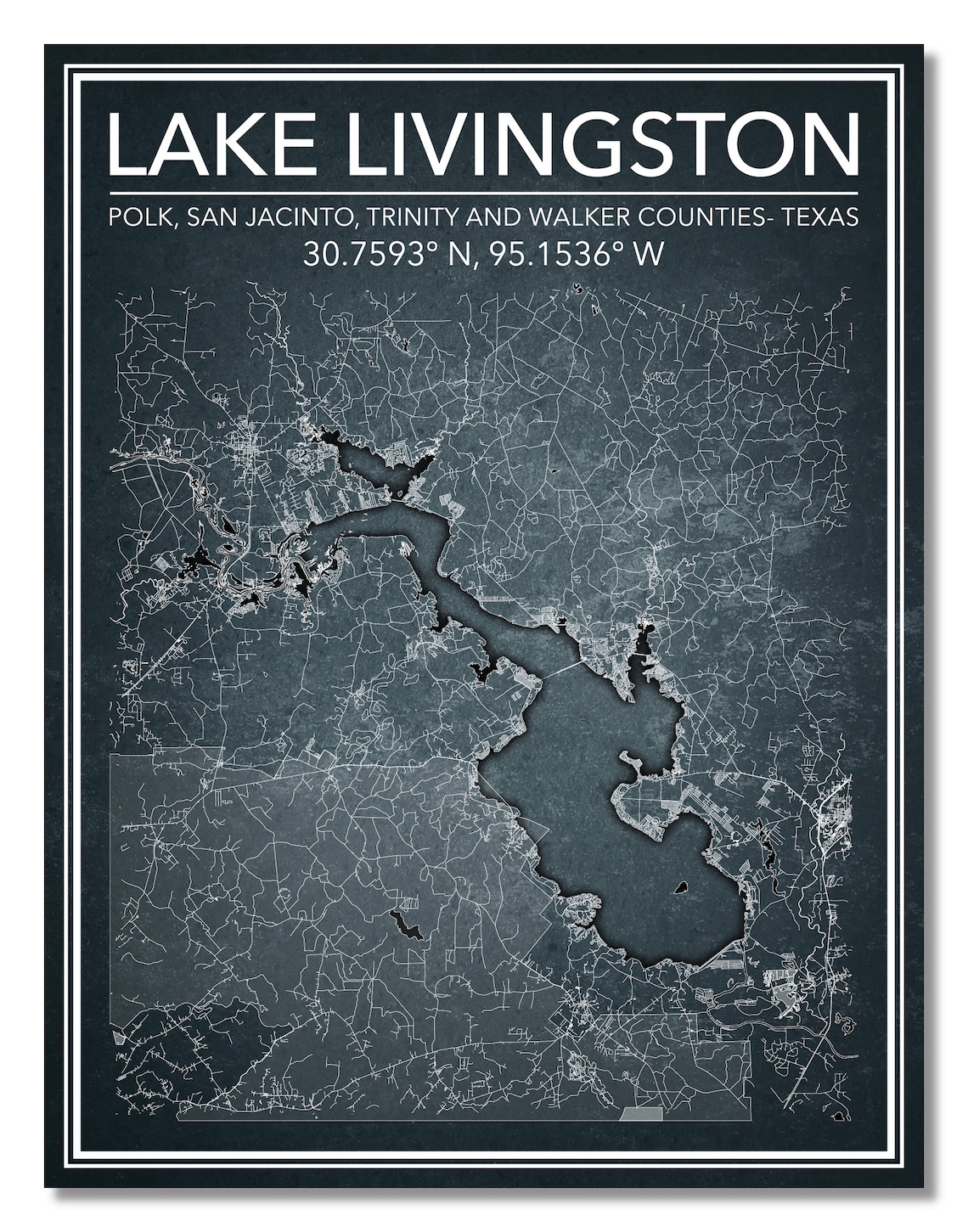 Wall Art Map Print of Lake Livingston Texas Estados Unidos - Etsy España