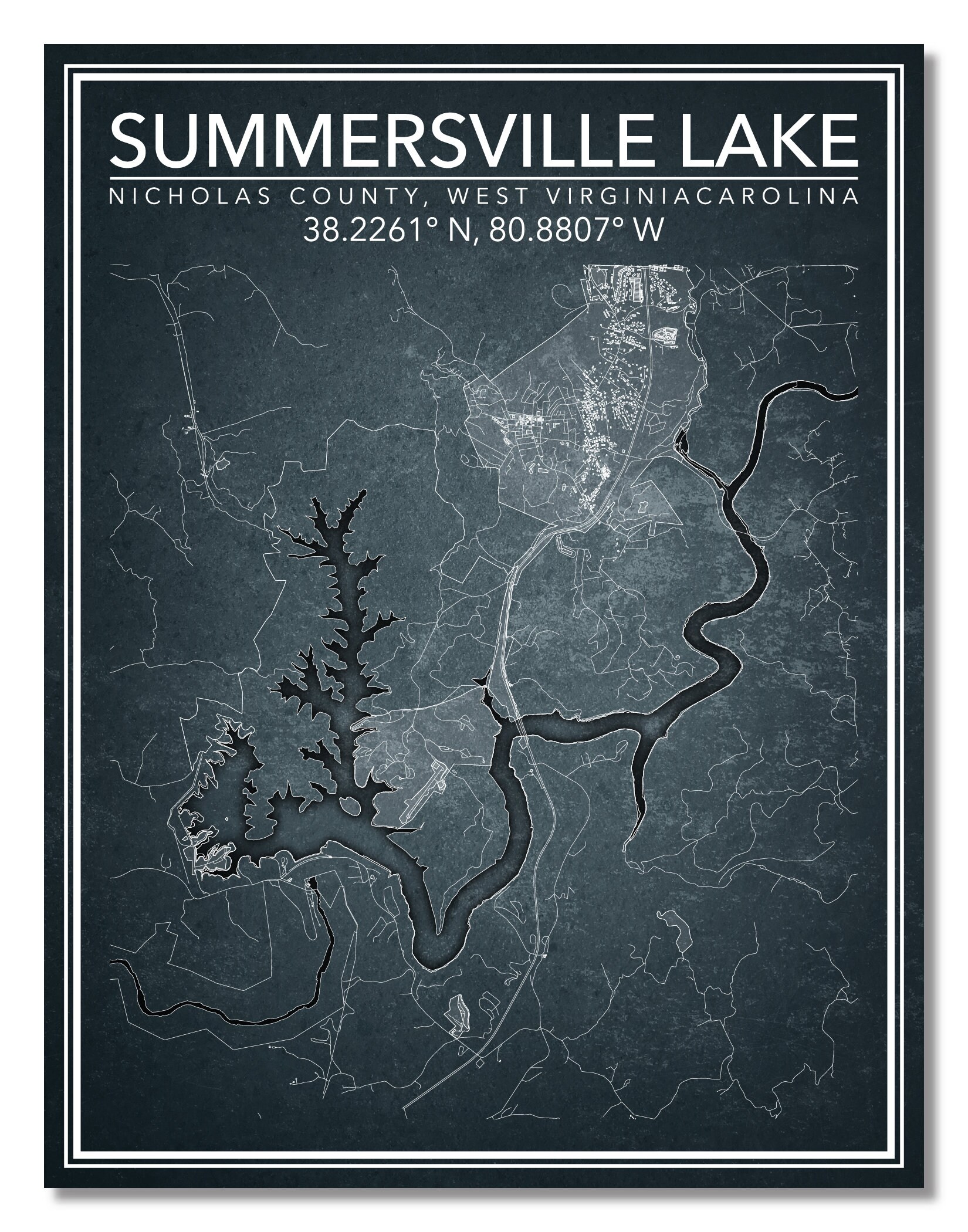 Wall Art Map Print of Summersville Lake, Summersville, Nicholas County ...