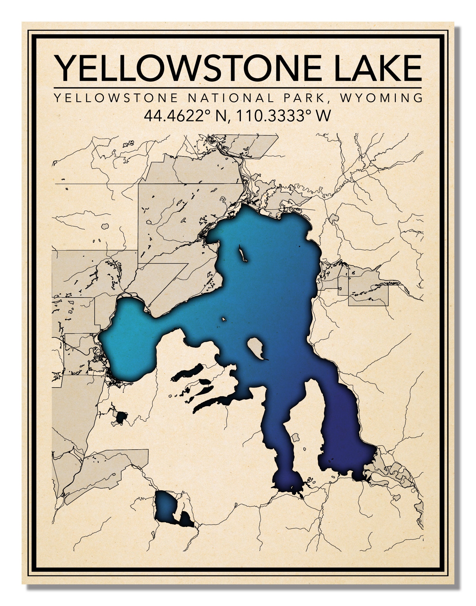 Wall Art Map Print of Yellowstone Lake Wyoming Yellowstone - Etsy
