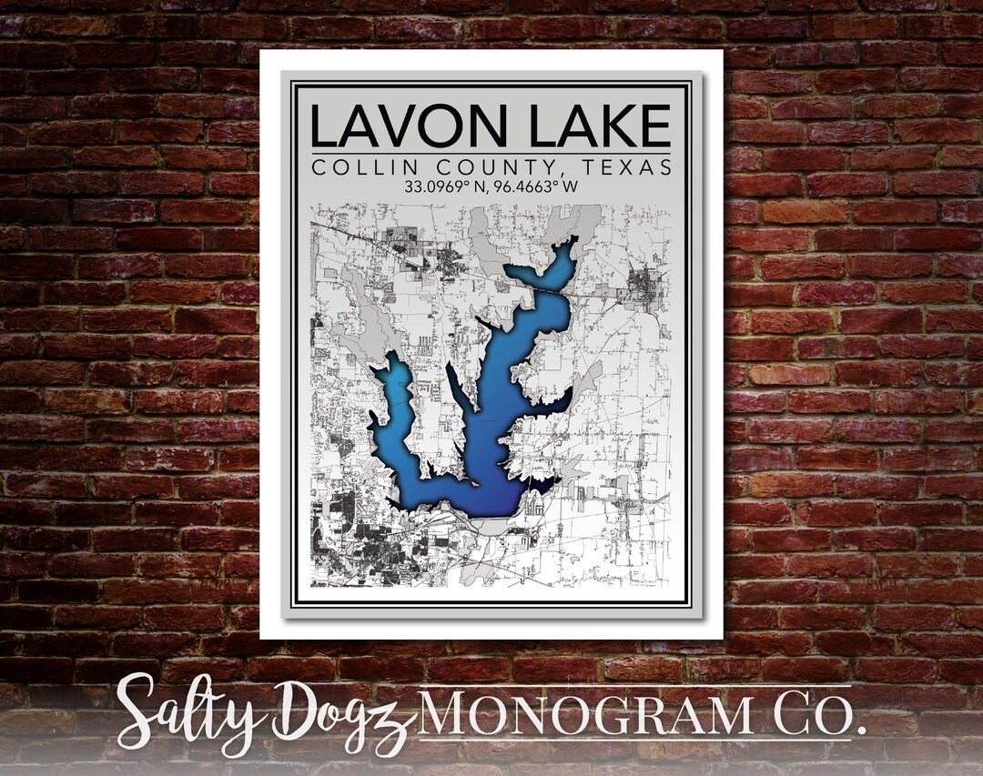 Wall Art Map Print of Lavon Lake, Wylie, Collin County, Texas, United ...