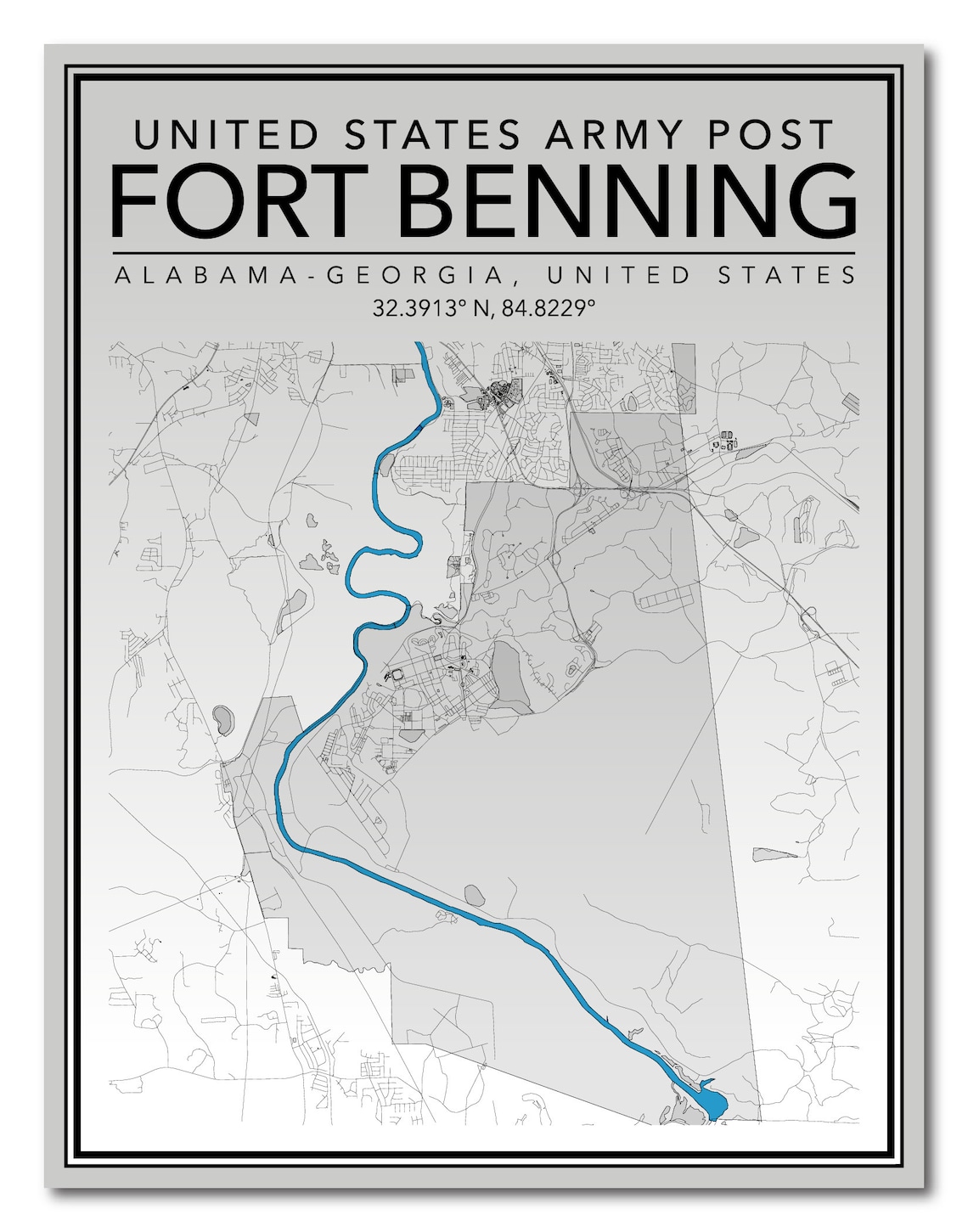 Wall Art Map United States Army Base Fort Benning | Etsy