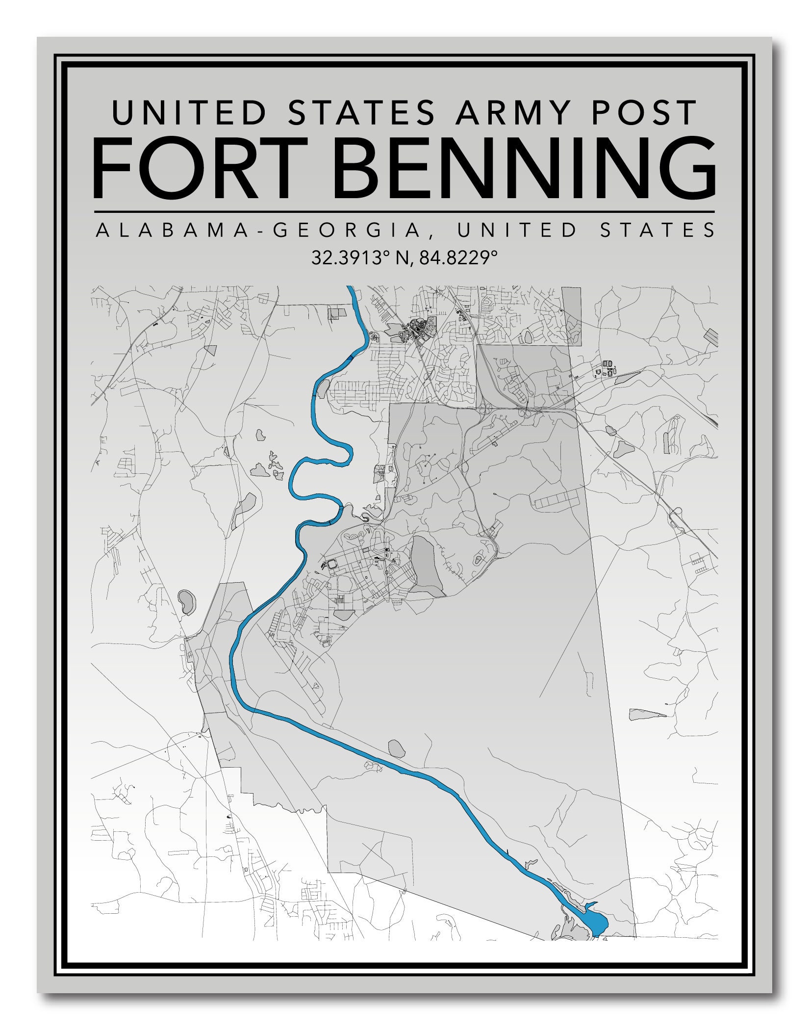 Wall Art Map United States Army Base Fort Benning | Etsy