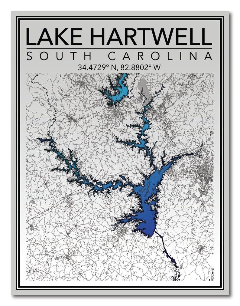 Wall Art Map Print of Lake Hartwell, South Carolina! - Etsy
