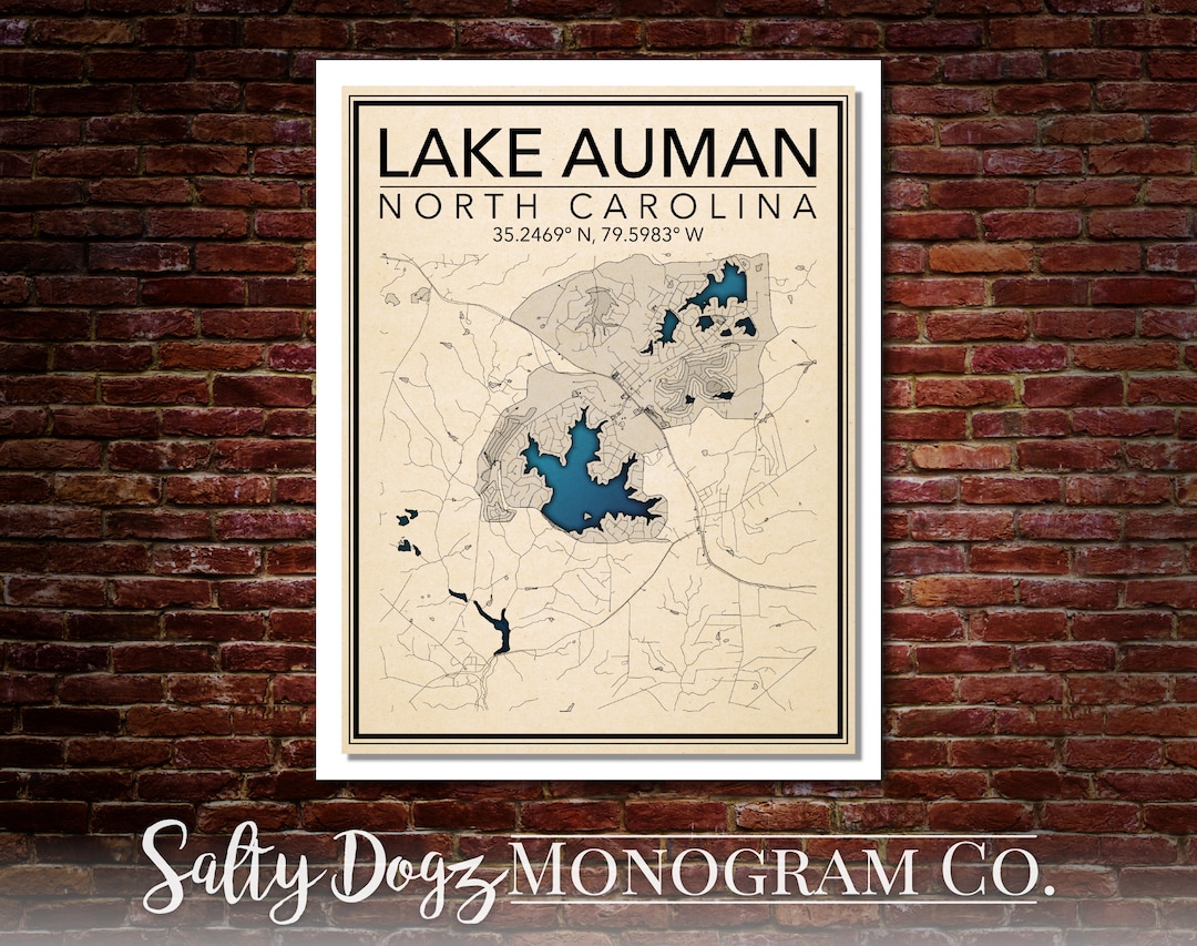 Wall Art Map Print of Lake Auman, Moore County, North Carolina, United ...