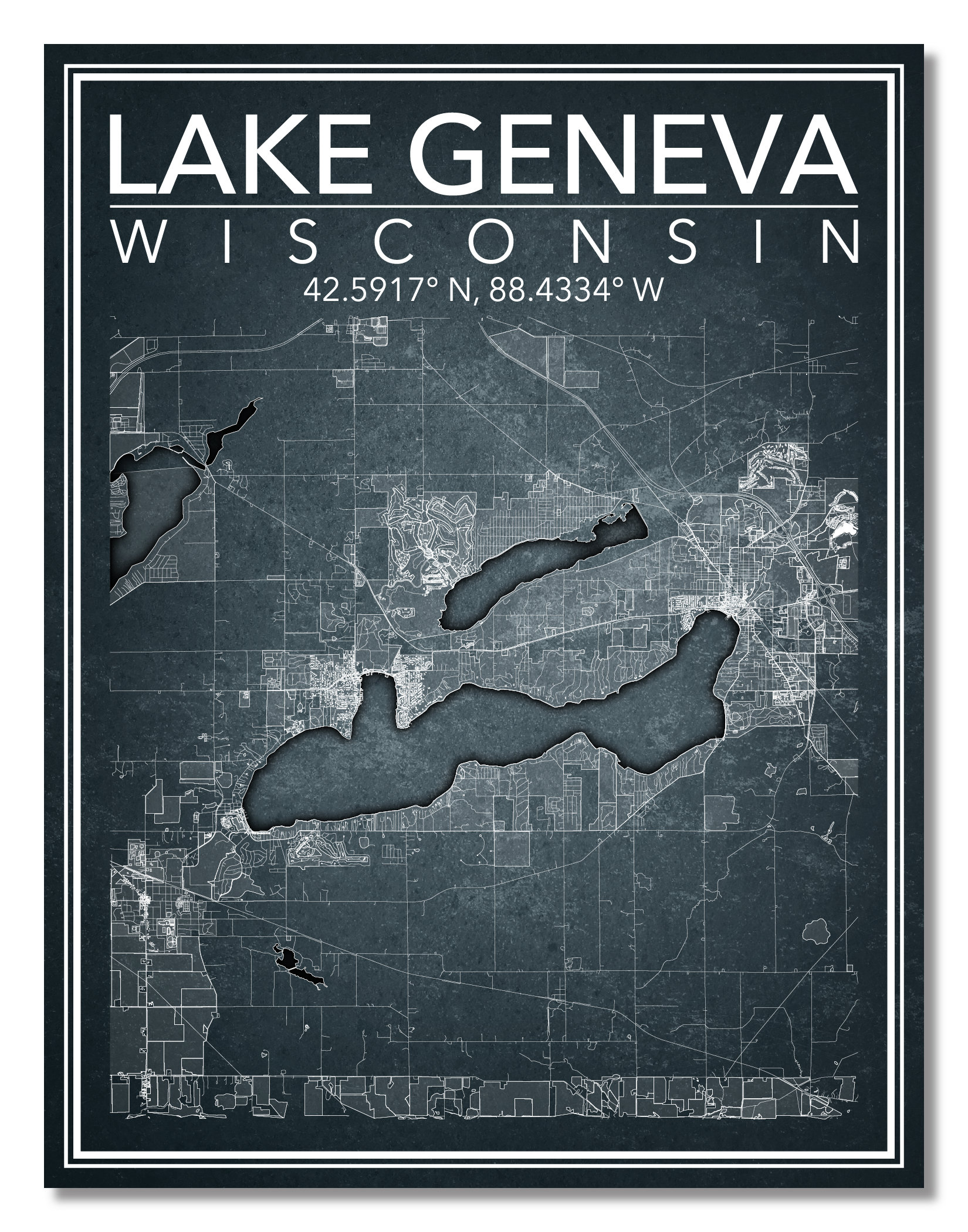 Wall Art Map Print of Lake Geneva, Walworth County, Wisconsin, United ...