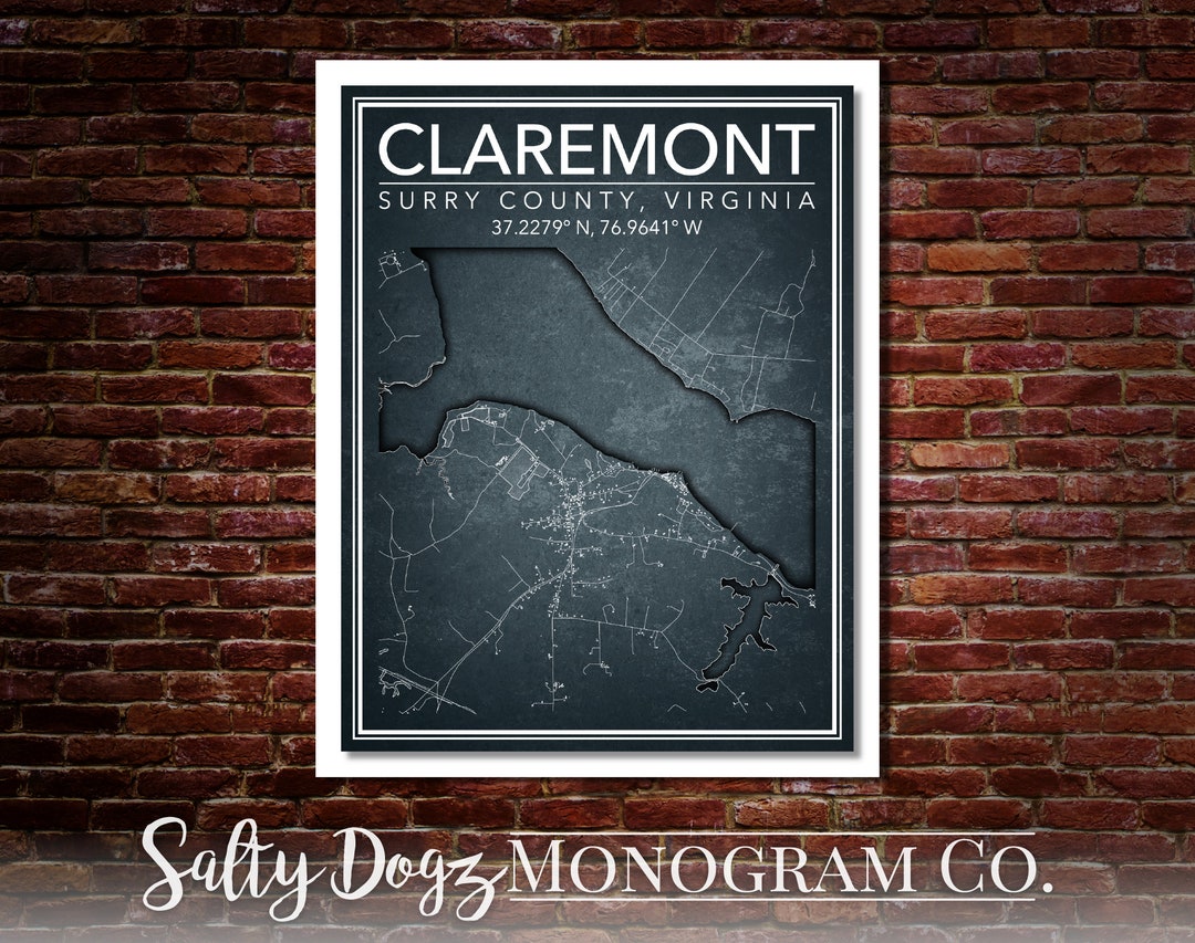 Wall Art Map Print of Claremont, Surry County, Virginia, United States ...