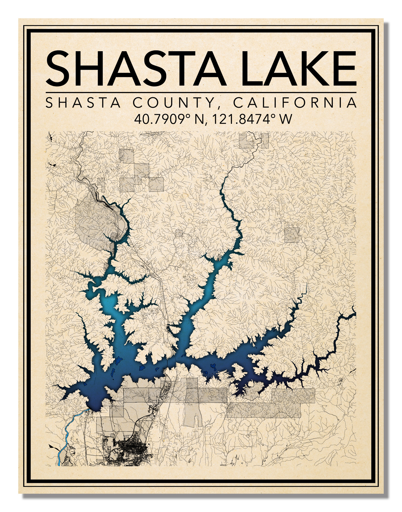 Wall Art Map Print of Shasta Lake Shasta County California | Etsy
