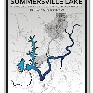Wall Art Map Print of Summersville Lake, Summersville, Nicholas County ...