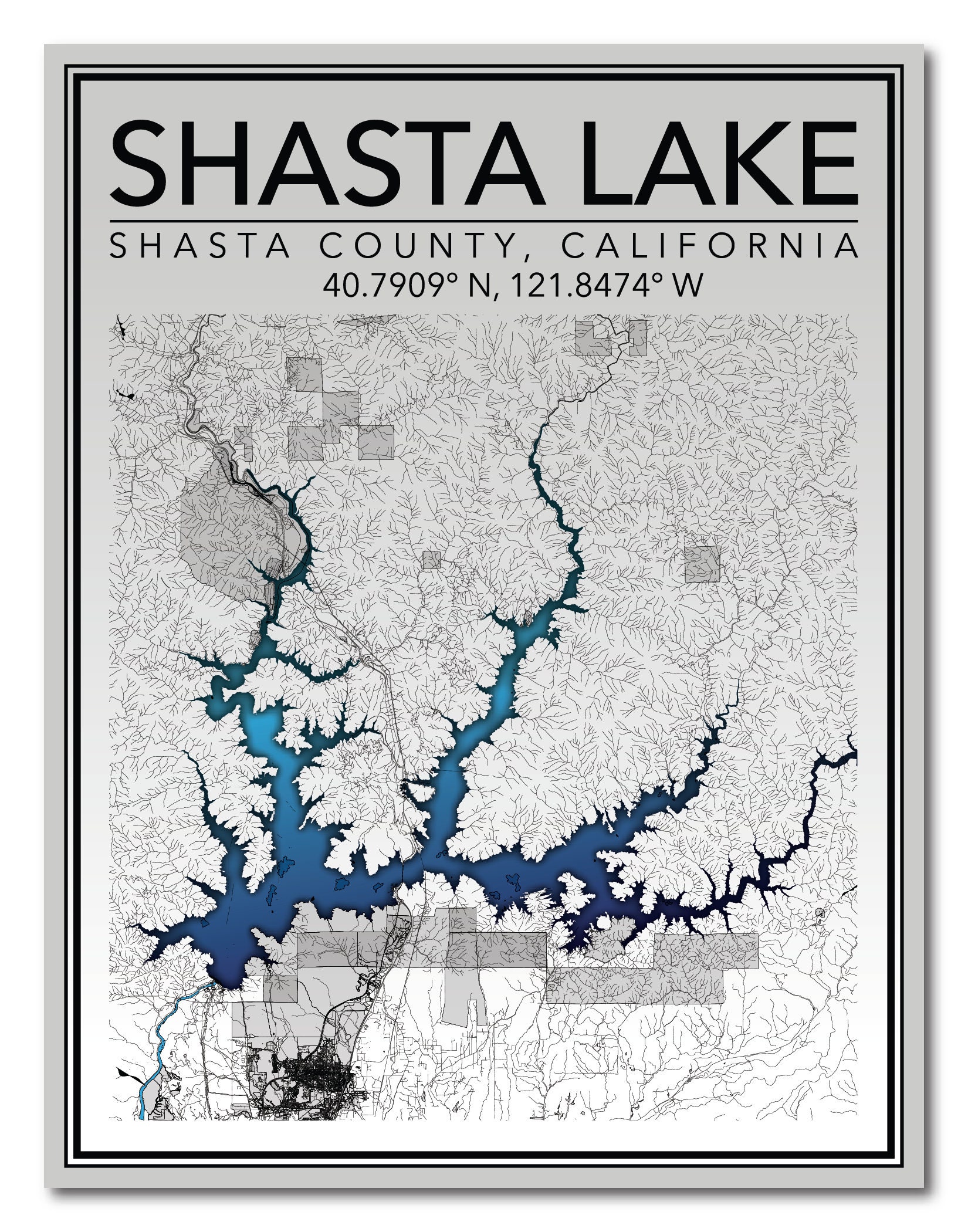 Wall Art Map Print of Shasta Lake, Shasta County, California, United ...