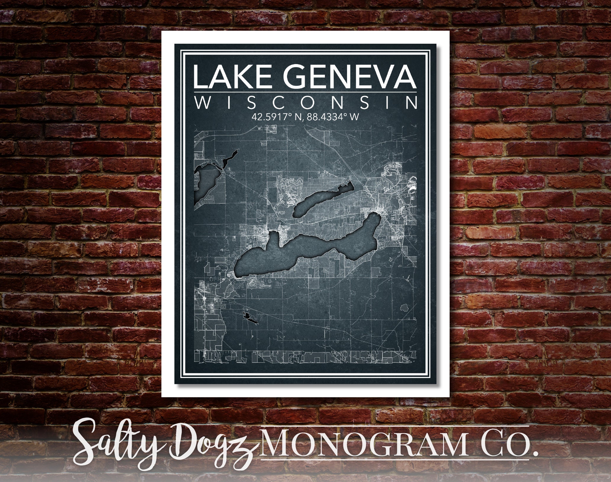 Wall Art Map Print of Lake Geneva, Walworth County, Wisconsin, United ...