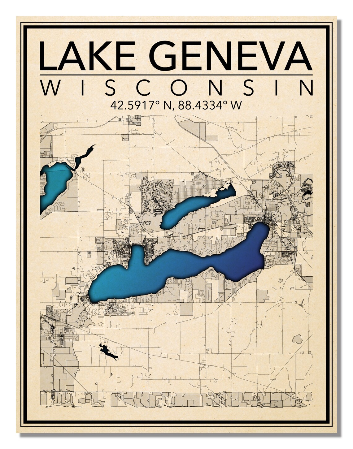 Wall Art Map Print of Lake Geneva, Walworth County, Wisconsin, United ...