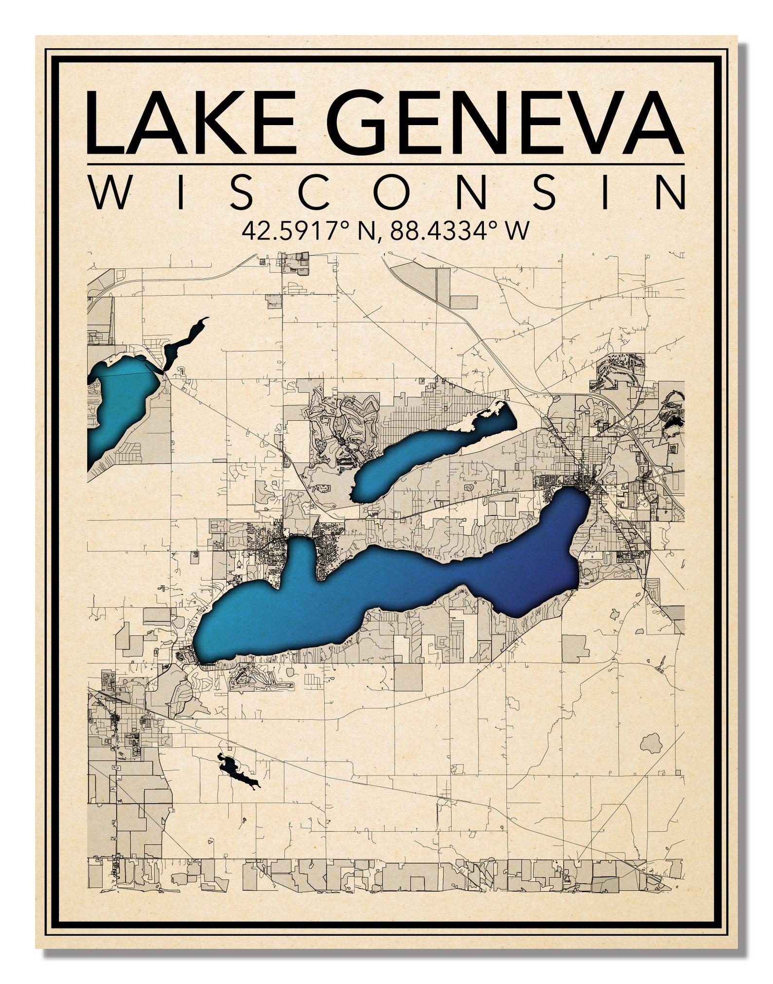 Wall Art Map Print of Lake Geneva Walworth County Wisconsin | Etsy