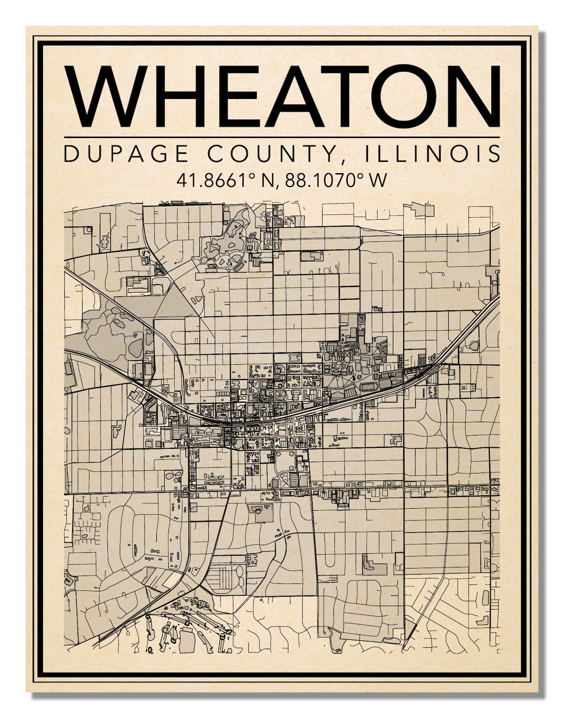 Wall Art Map Print of Wheaton Dupage County Illinois United - Etsy UK