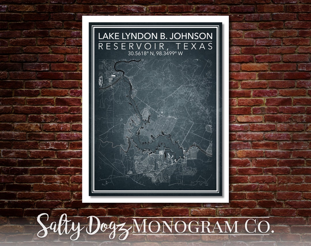 Wall Art Map Print of Lake Lyndon B. Johnson, Highland Haven, Burnet ...