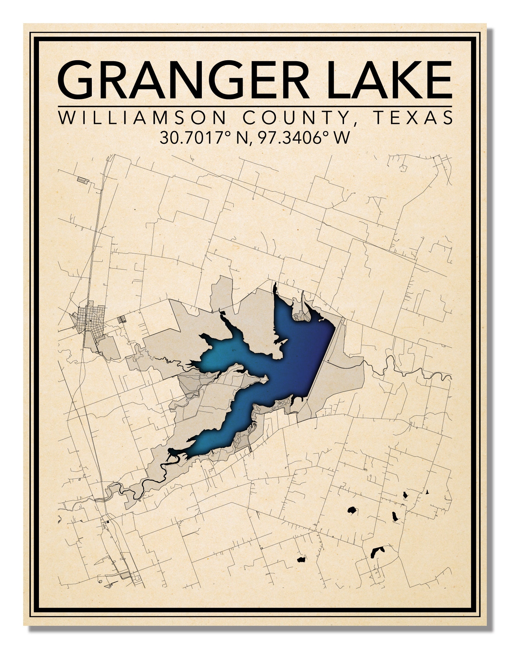 Wall Art Map Print of Granger Lake Williamson County Texas - Etsy