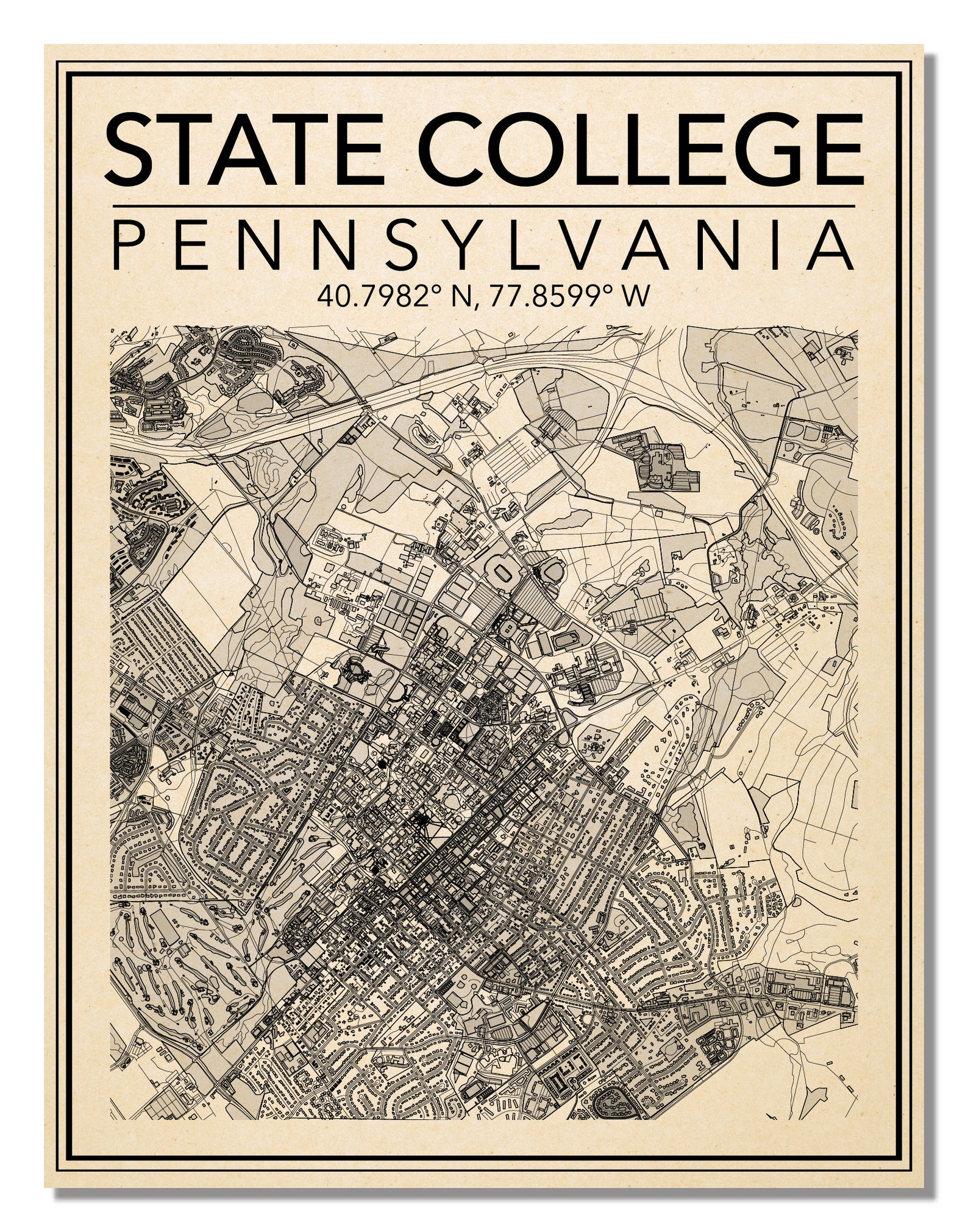Wall Art Map State College Pennsylvania | Etsy