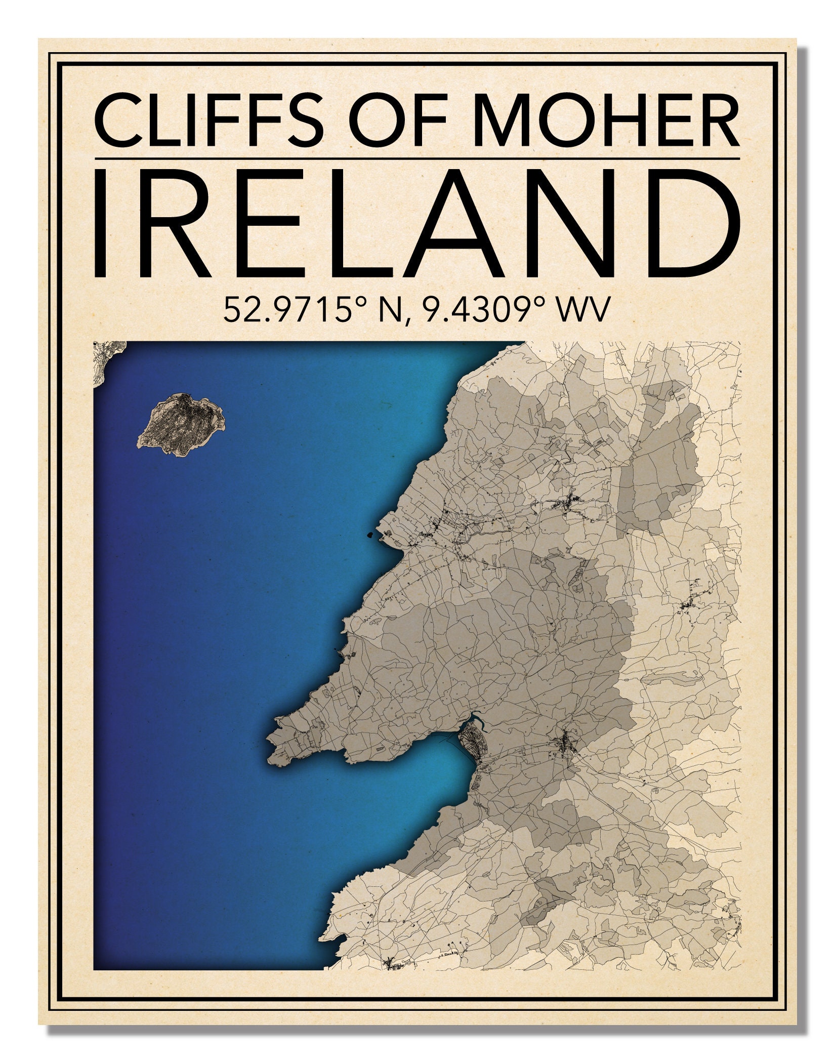 Wall Art Map Print of Cliffs of Moher Ireland | Etsy