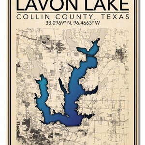 Wall Art Map Print of Lavon Lake, Wylie, Collin County, Texas, United ...