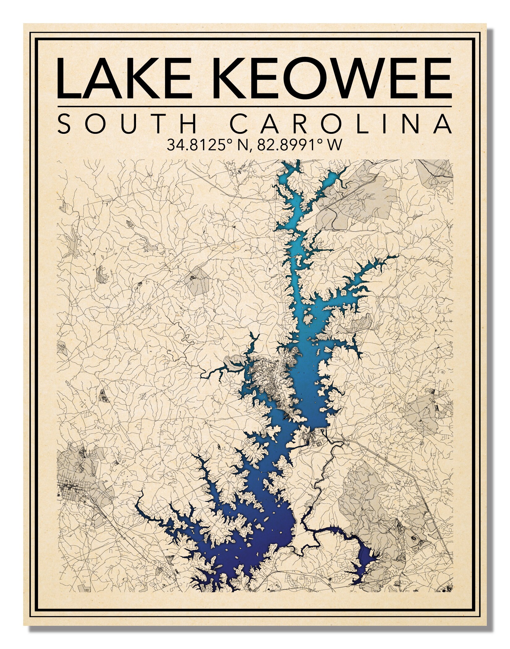 Wall Art Map Print of Lake Keowee South Carolina | Etsy