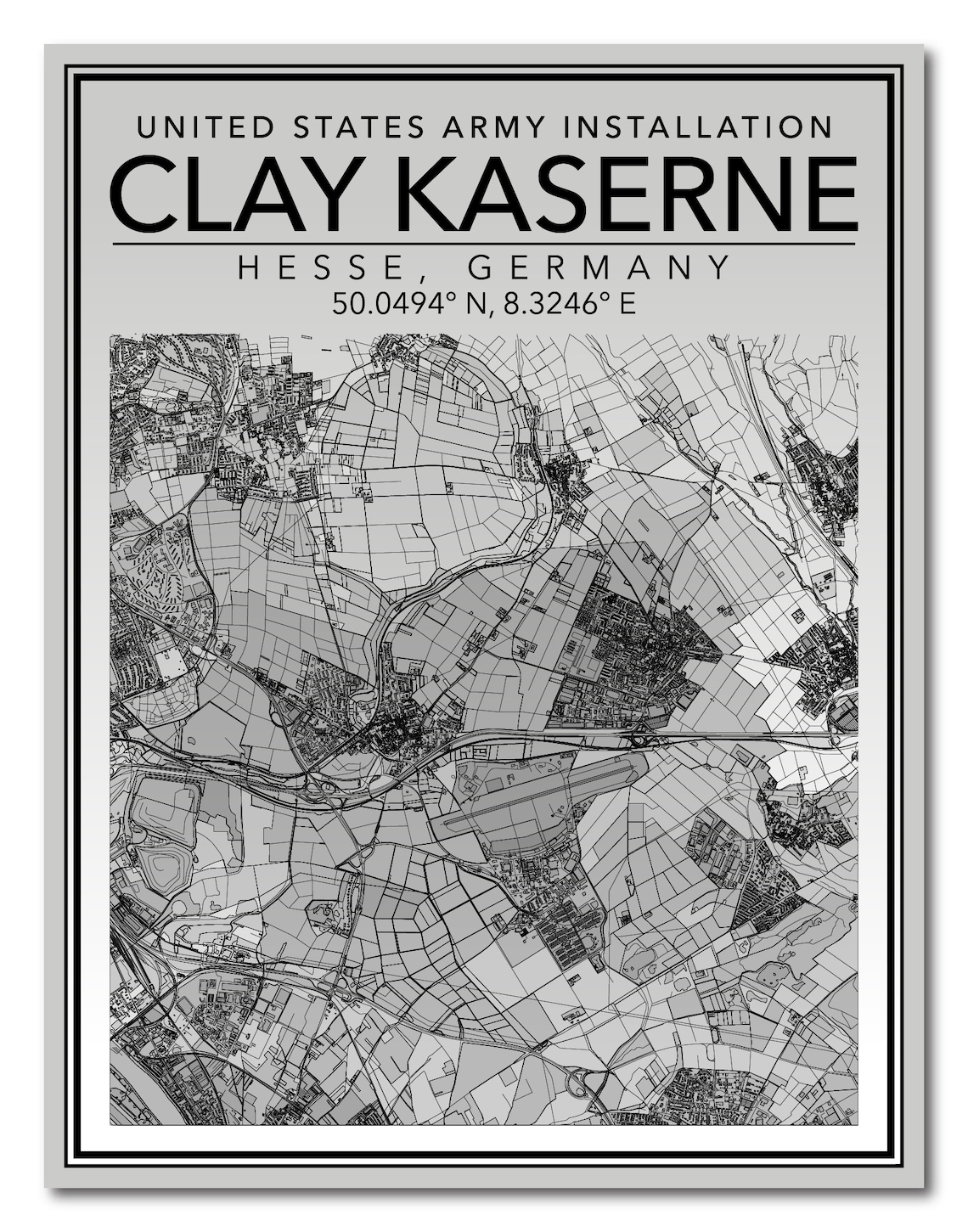 Wall Art Map Print of US Army Installation Clay Kaserne, Hesse, Germany ...