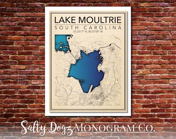 Wall Art Map Print of Lake Moultrie South Carolina | Etsy
